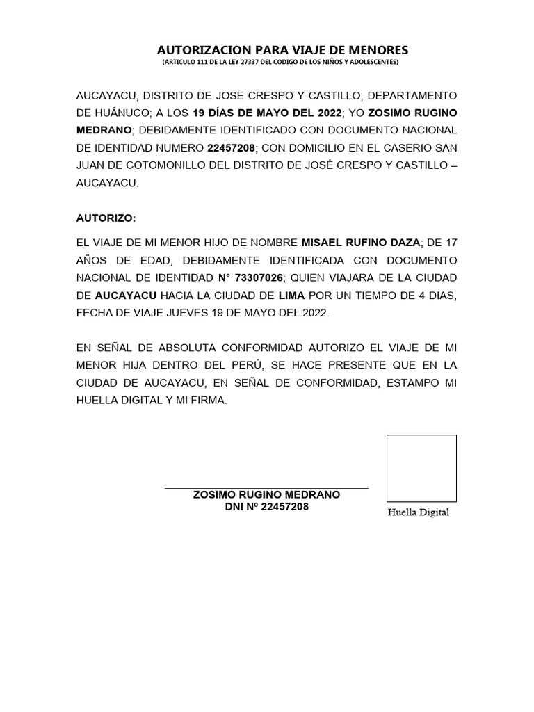 ACTA DE AUTORIZACION PARA VIAJE ZOSIMO RUGINO MEDRANO | PDF