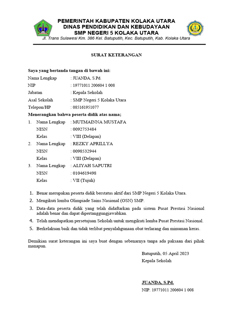 Surat Keterangan Sekolah Osn SMP | PDF