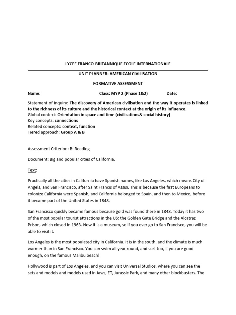 4.b.MYP 2 UP 4 FA 2 PEI2 | PDF | California | San Francisco