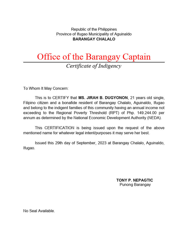 Certificate of Indigency | PDF