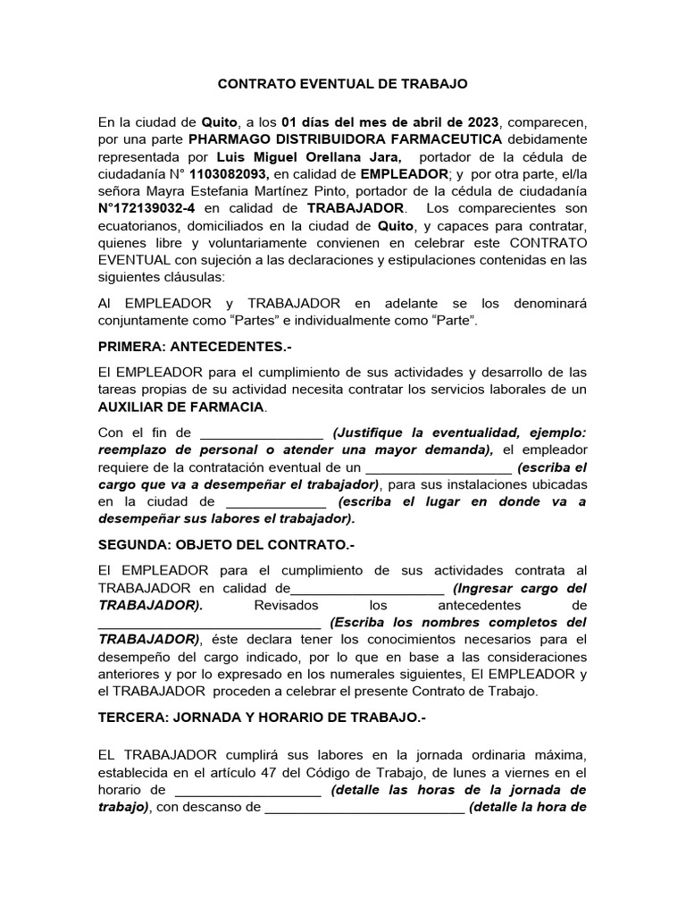 Contrato Eventual de Trabajo | PDF | Salario