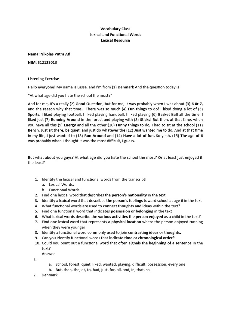 IKO Lexical and Functional Words - Exercise | PDF | Part Of Speech | Word