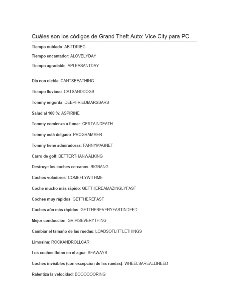 Cuáles son los códigos de Grand Theft Auto | PDF | Vehículos