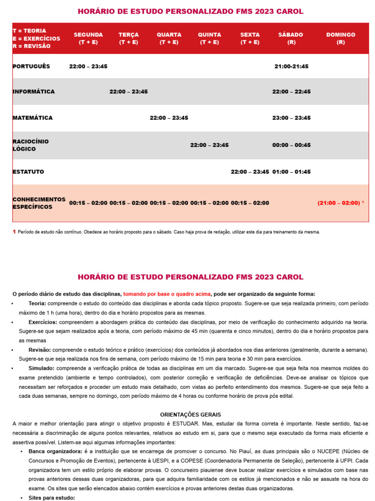 Horário de Estudo Personalizado Fms 2023 Carol | PDF