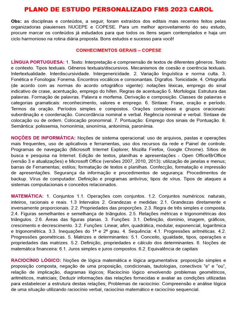 Plano de Estudo Personalizado Fms 2023 Carol PDF | PDF