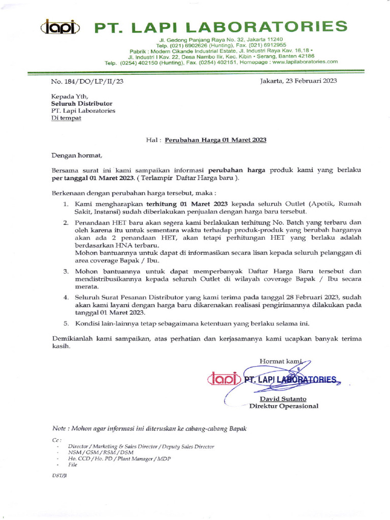 Perubahan Harga Produk Lapi 2023 | PDF