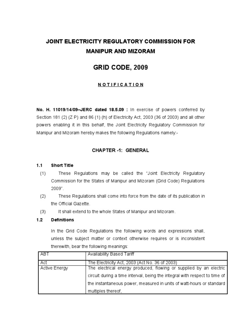 GRID CODE, 2009: Joint Electricity Regulatory Commission For Manipur ...