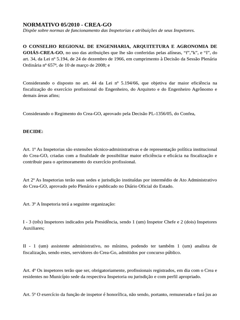 05 - 2010 Dispõe Sobre Normas de Funcionamento Das Inspetorias e ...