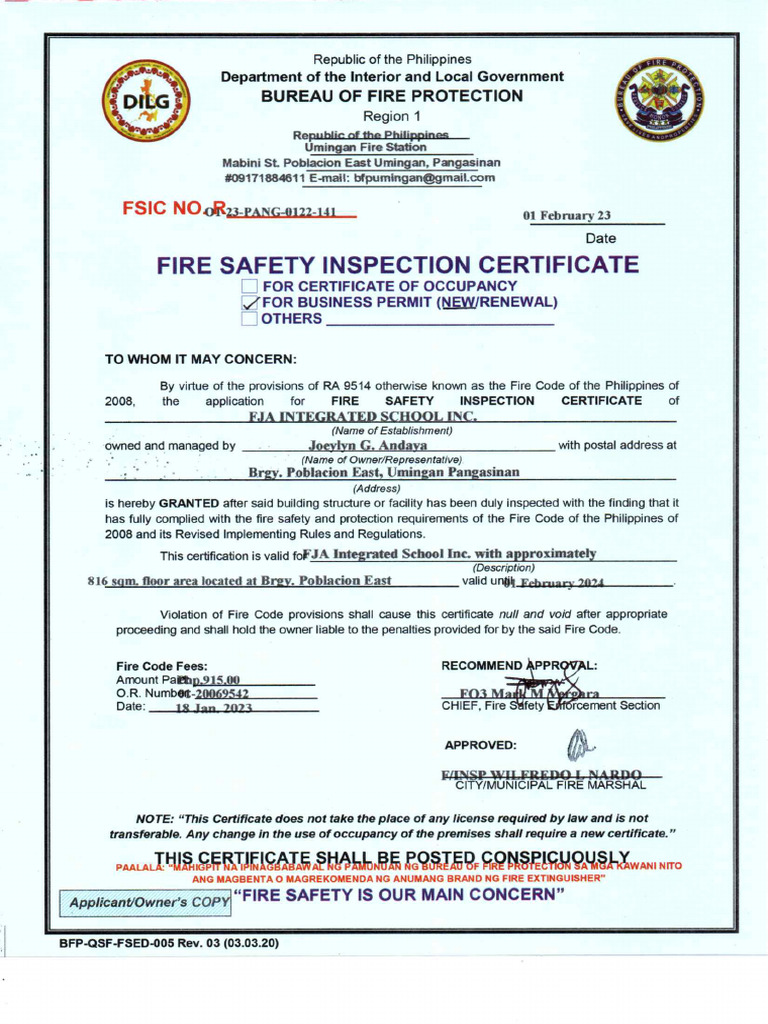Fire Safety Certificate | PDF