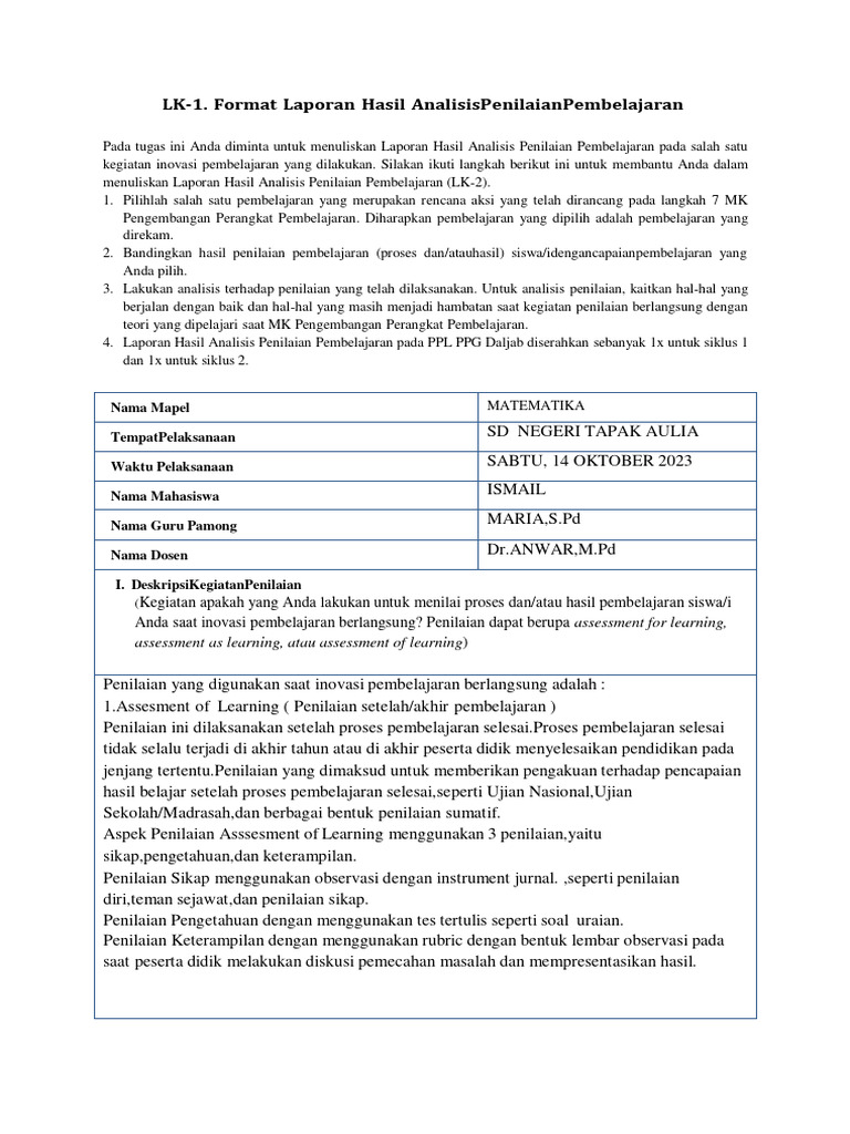 Laporan Penilaian Pembelajaran | PDF