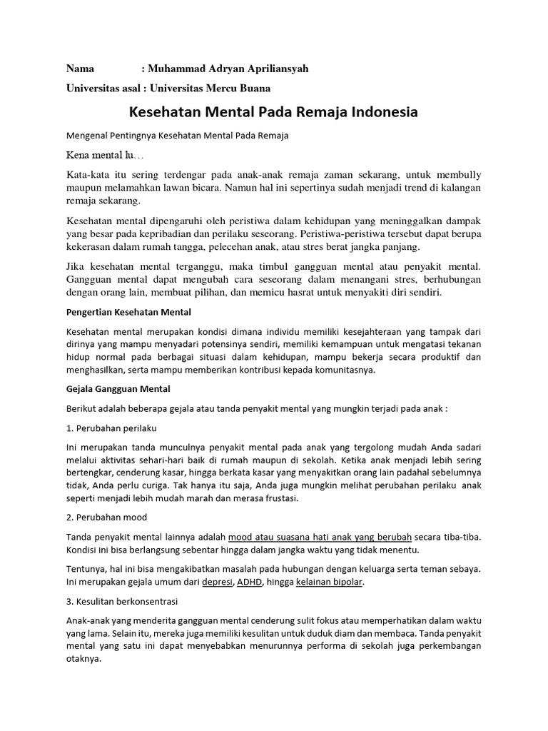 Kesehatan Mental Remaja Indonesia | PDF