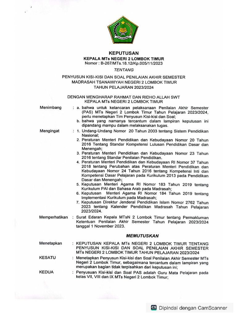 SK Penyusun Kisi-Kisi Dan Soal PAS TP. 2023-2024 | PDF