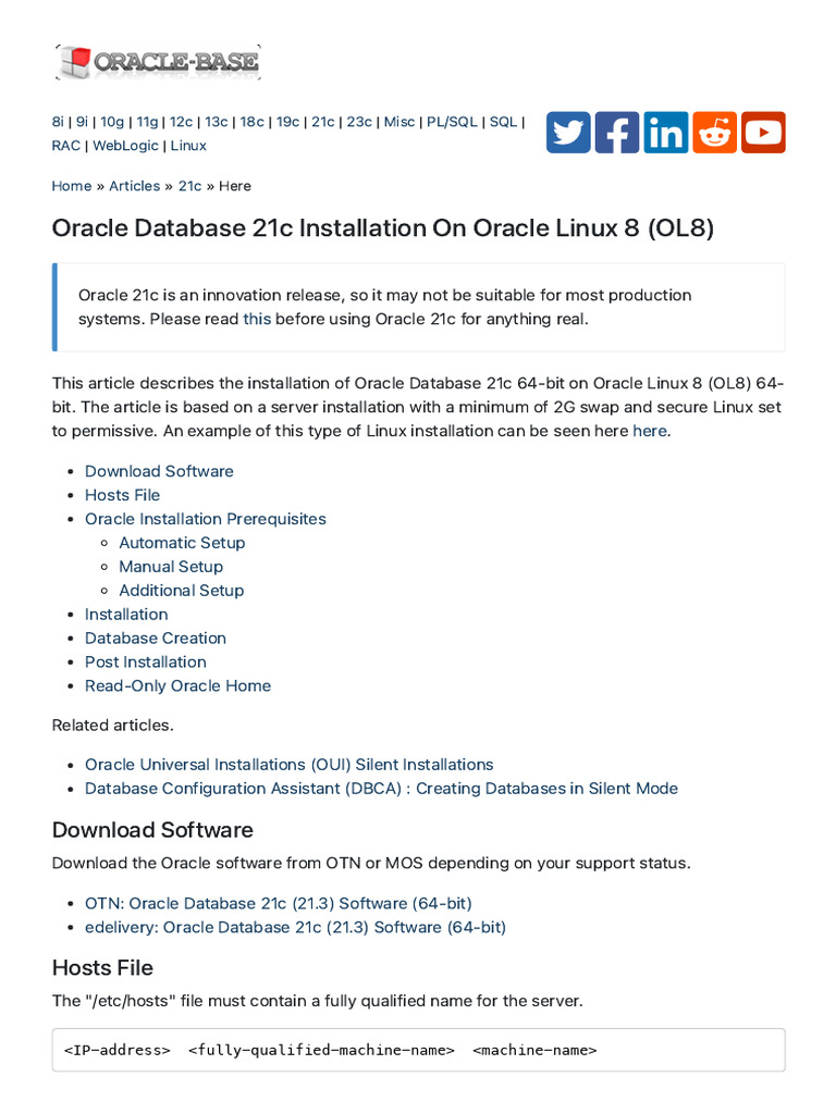 ORACLE-BASE - Oracle Database 21c Installation On Oracle Linux 8 (OL8) | PDF | Command Line ...