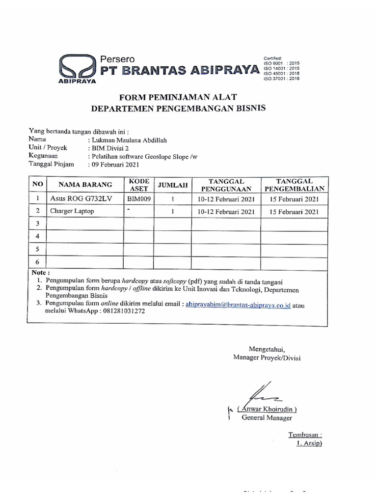 Form Peminjaman Laptop | PDF