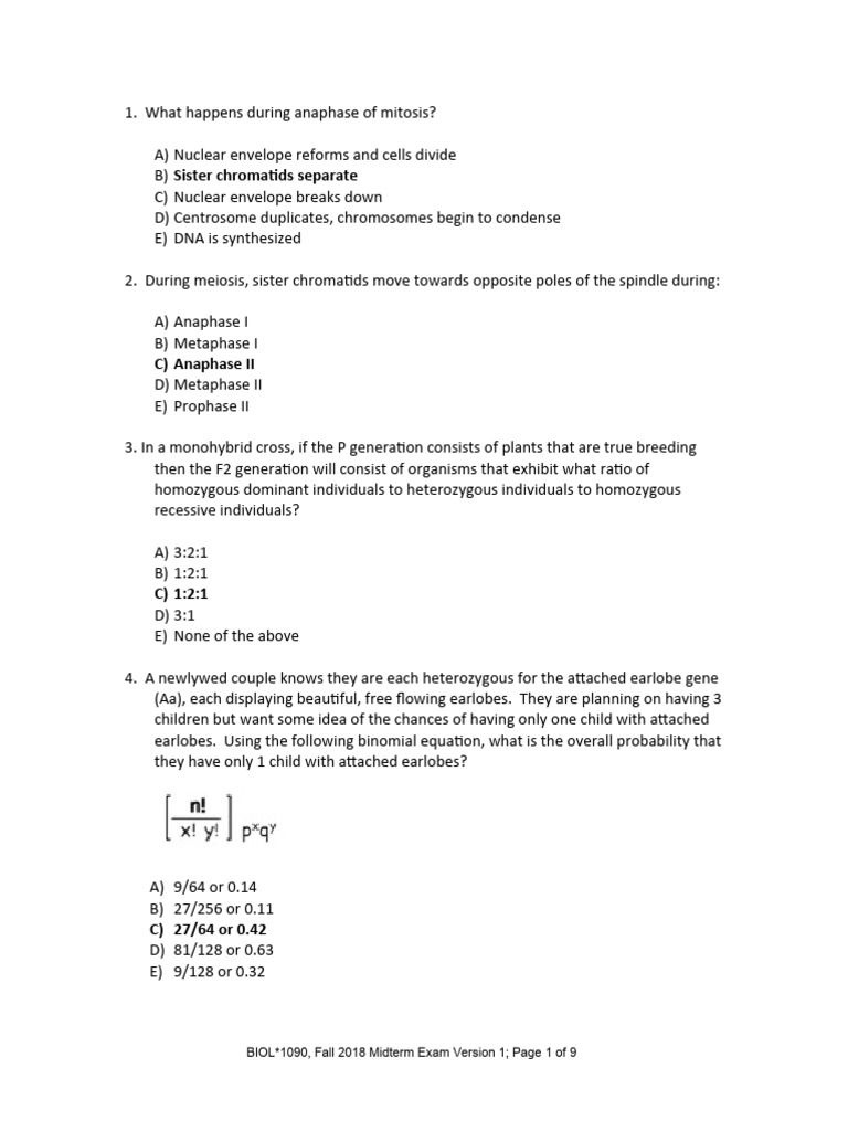 1090 F18 Midterm 35 MC V1-Answers - 2 | PDF | Meiosis | Allele