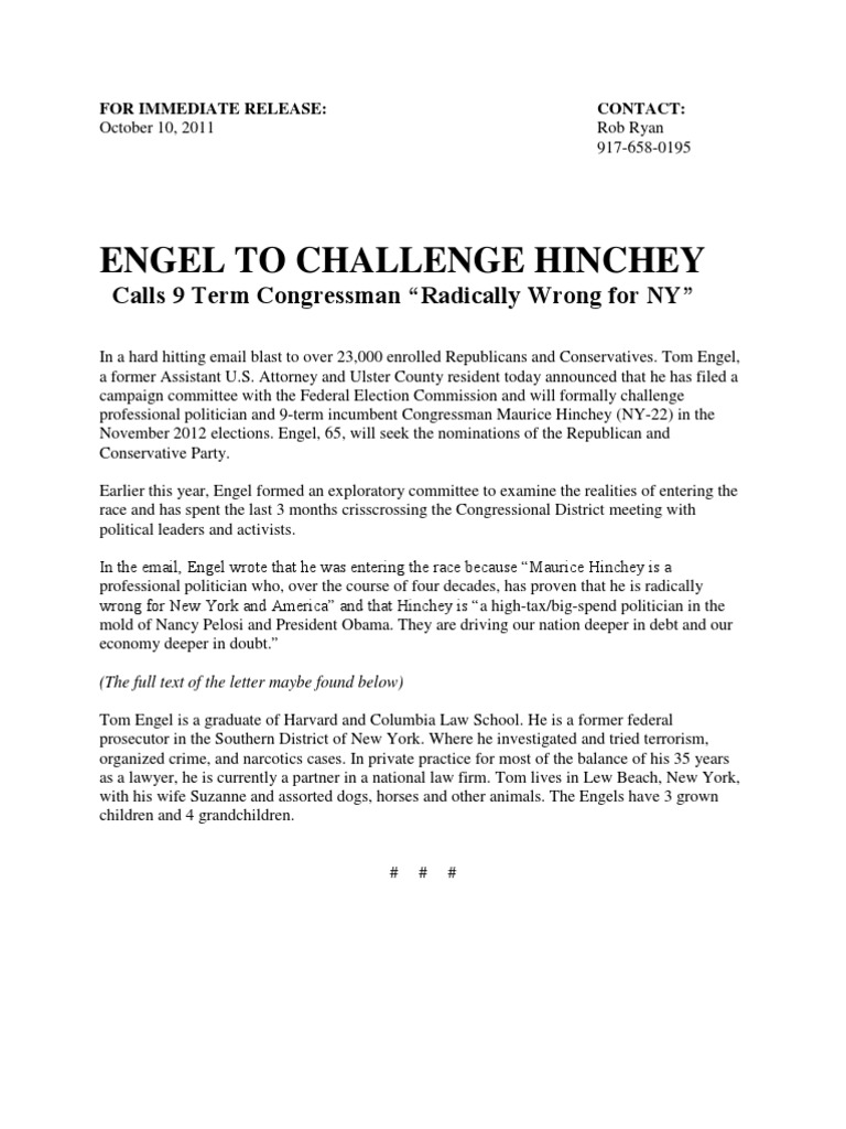 Engel To Challenge Hinchey Revised | PDF | United States Congress ...