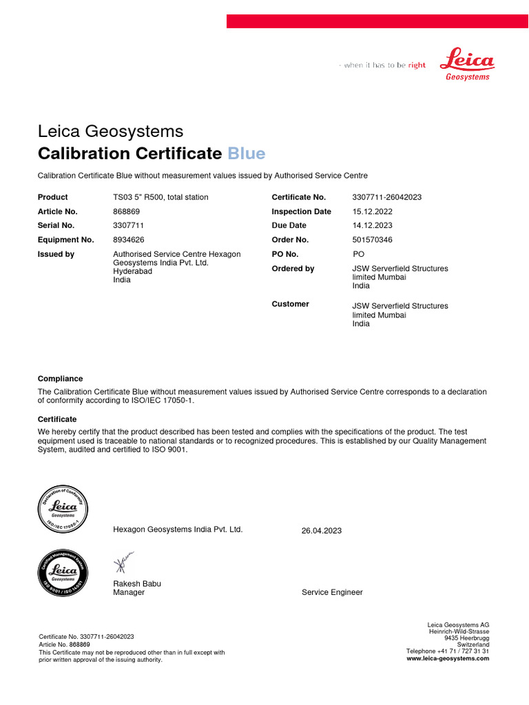 0129-JSW Calibration Certificate | PDF | Calibration | Iso 9000