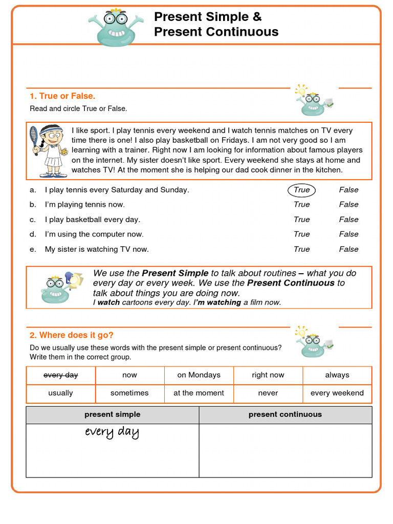 Grammar Games Present Simple and Present Continuous Worksheet | PDF | Linguistics | Grammar