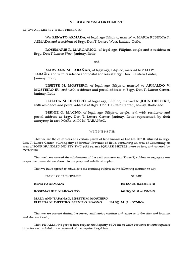 Subdivision Agreement for Iloilo Property | PDF | Natural Resources Law ...