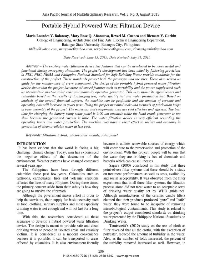 Portable Hybrid Water Filtration Device | PDF | Water | Electric Generator