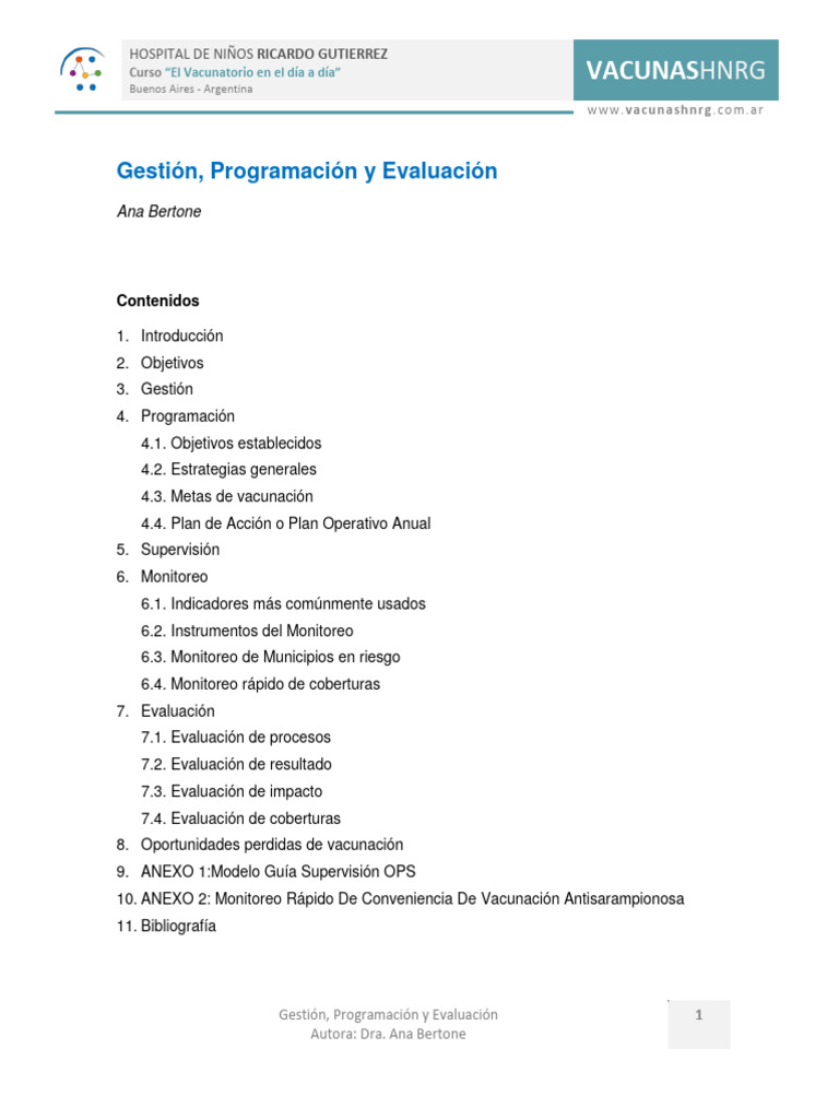 Texto explicativo, Gestión, Programación y Supervisión de los Programas de Inmunizaciones - Dra ...