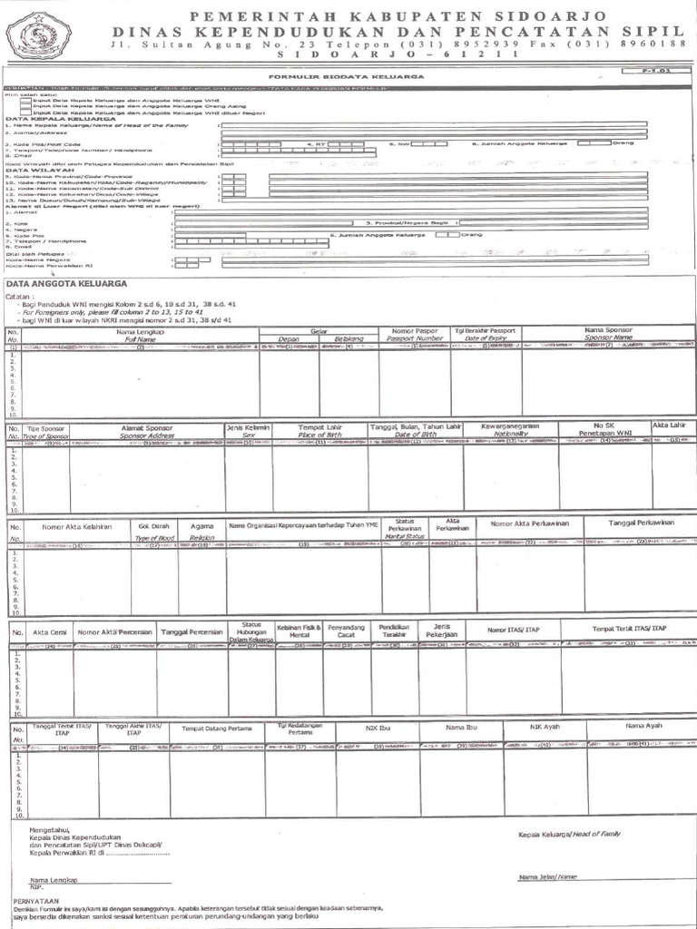 F1 01 Formulir Biodata Keluarga (Depan) | PDF