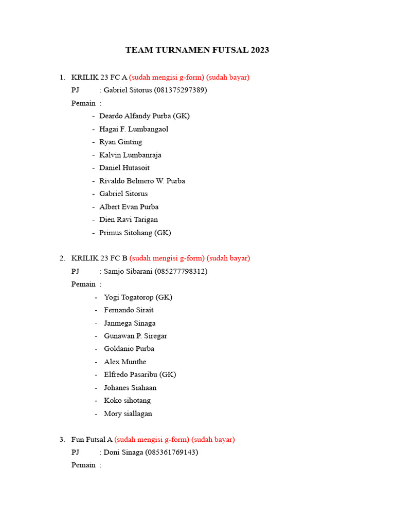 Team Turnamen Futsal 2023 | PDF