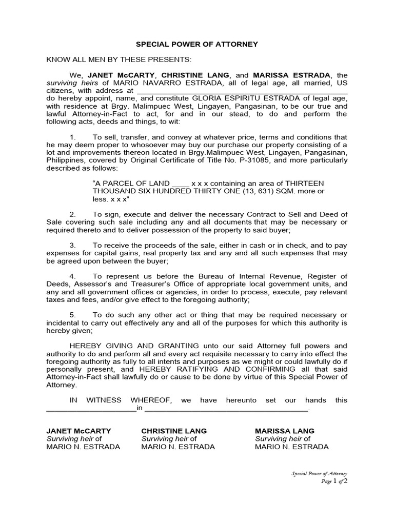 SPA To Sell Property | PDF | Power Of Attorney | Deed