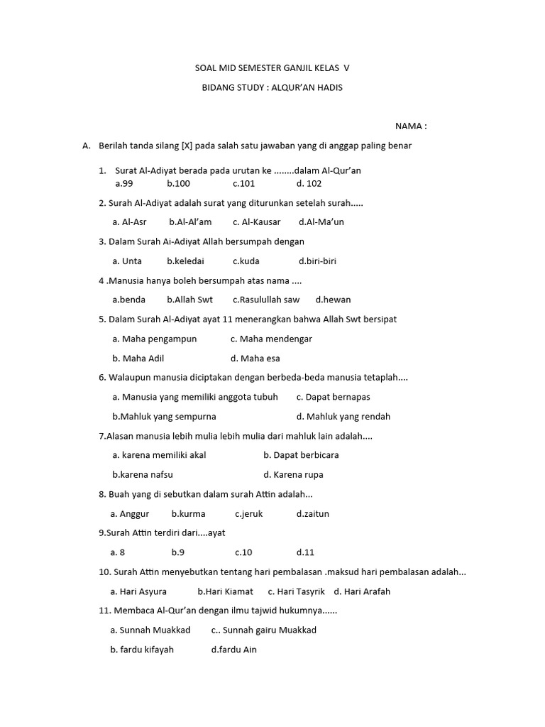 Soal Mid Semester Ganjil Kelas V | PDF | Agama & Spiritualitas