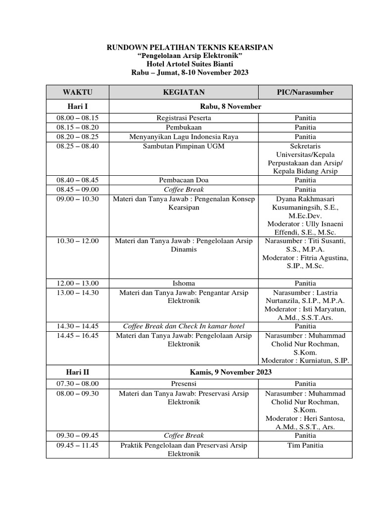 Rundown Pelatihan November 2023 | PDF