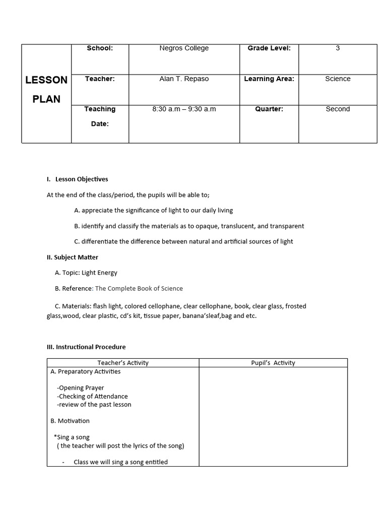 Science 3 Detailed Lesson Plan | PDF | Teachers | Light