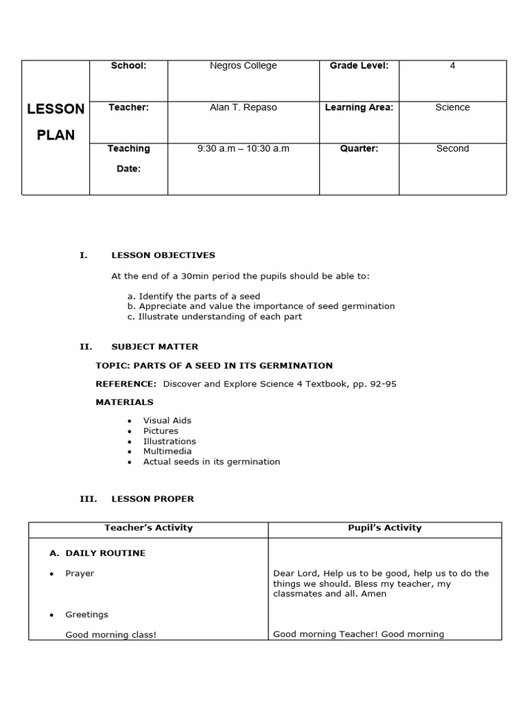 Detailed Lesson Plan in Science 4 | PDF | Seed | Germination