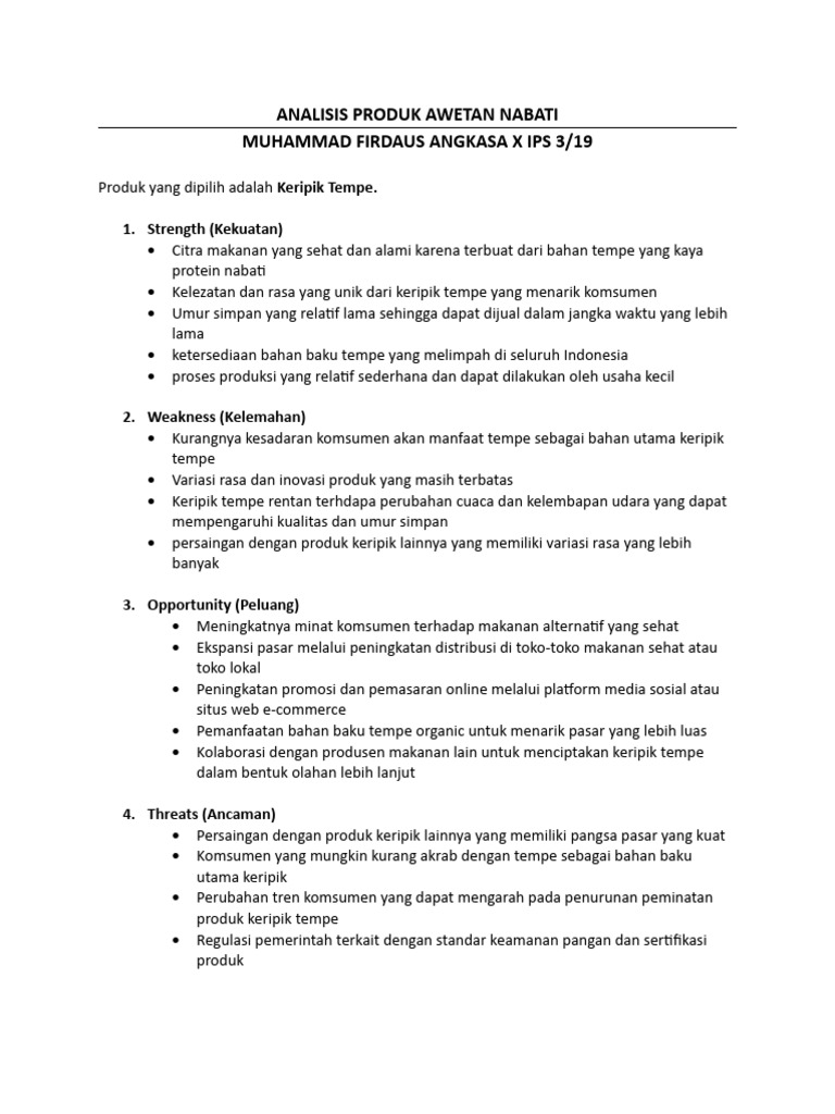 Tugas Pkwu Analisis Swot Produk Awetan Nabati, Muhammad Firdaus Angkasa X Ips 3 - 19 | PDF ...