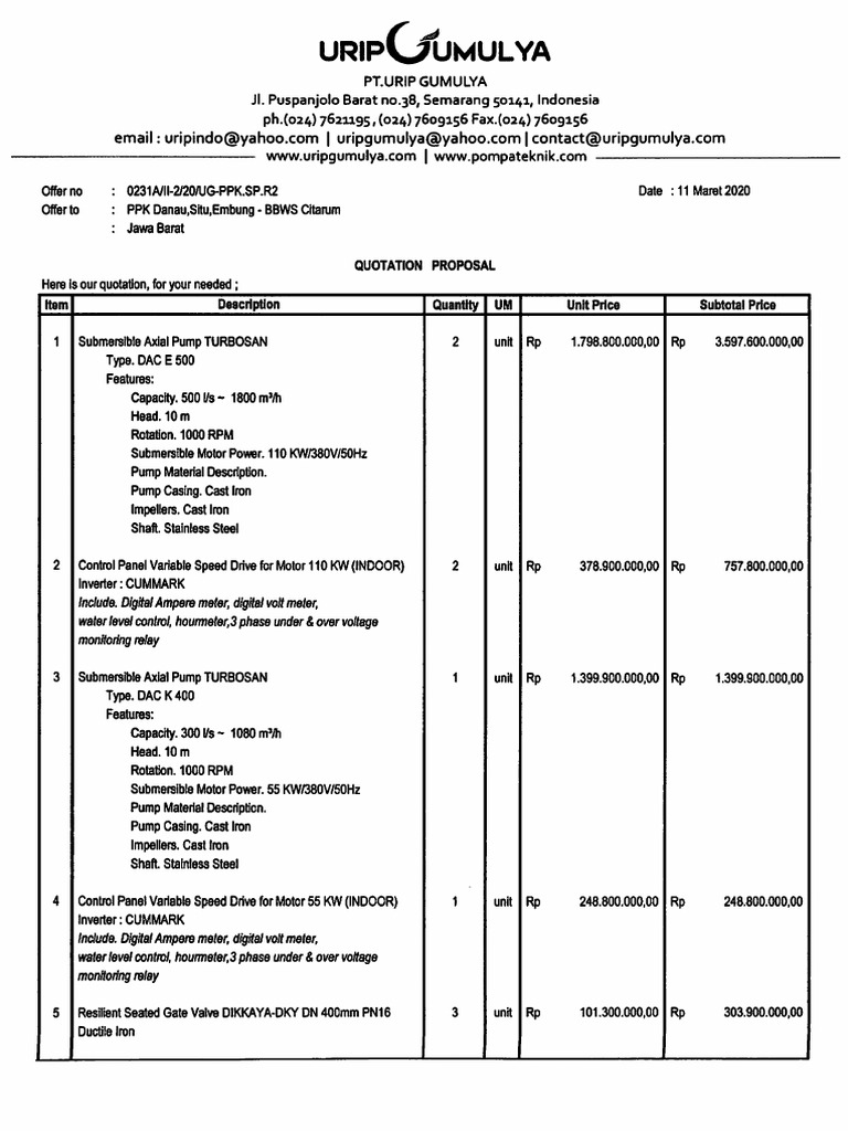 Surat Penawaran U PPK Danau Situ Embung - Axial 110 KW & 55 KW R2 | PDF