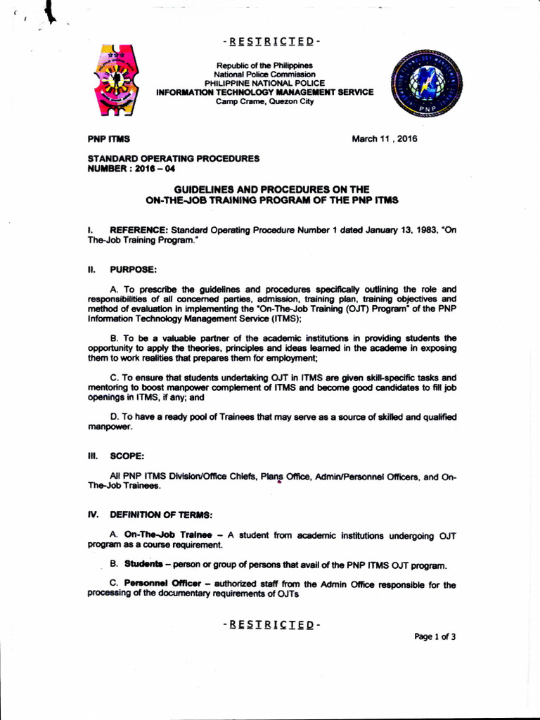 SOP 2016-04 Guidelines and Procedures On The OJT Program of The PNP ITMS-00001 | PDF