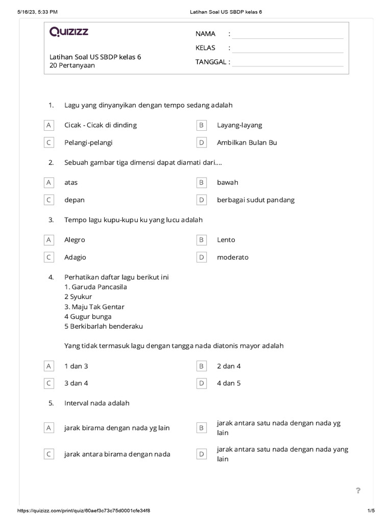 Latihan Soal US SBDP Kelas 6 | PDF