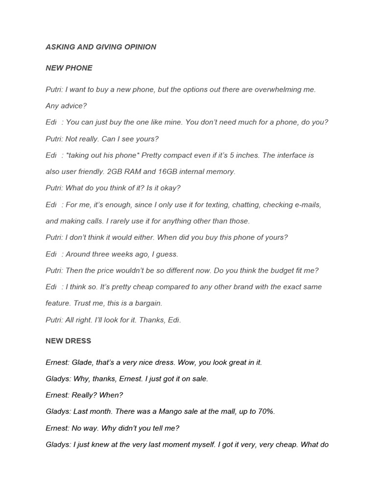 Asking and Giving Opinion Dialogue | PDF