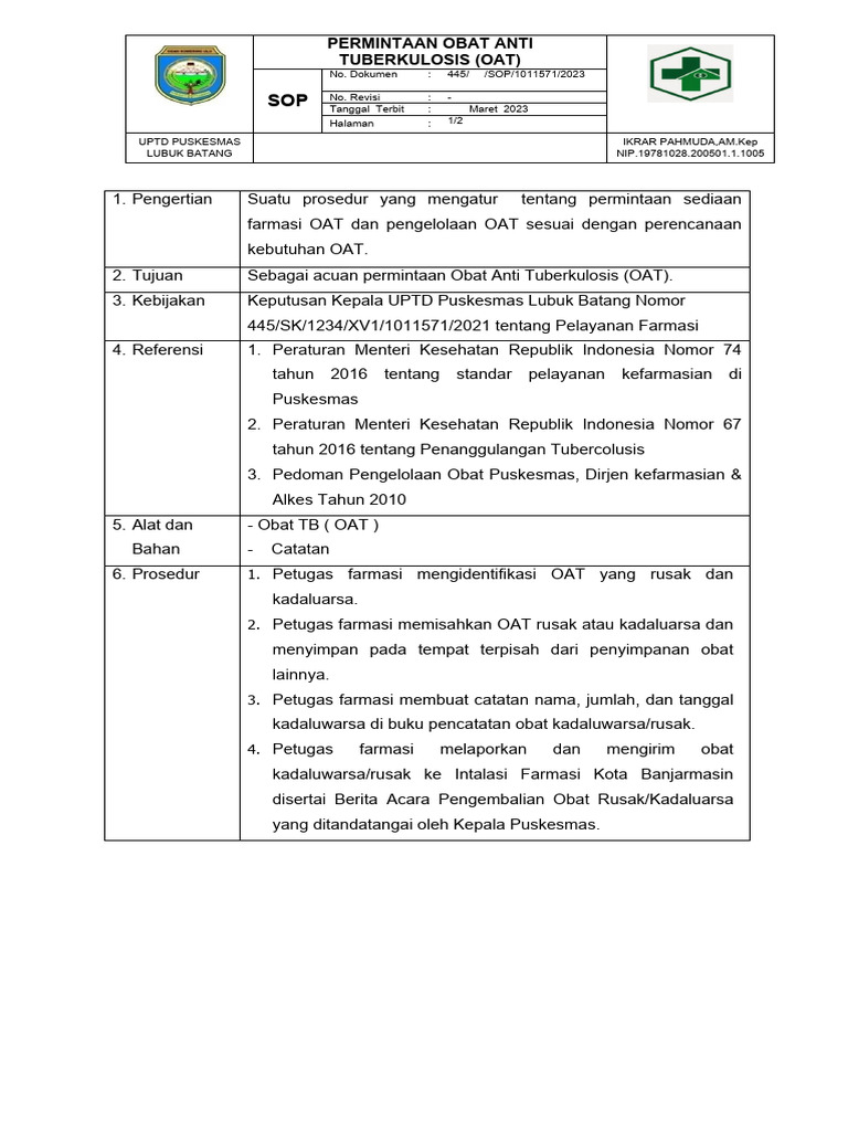 Permintaan Obat Anti Tuberkulosis (Oat) | PDF