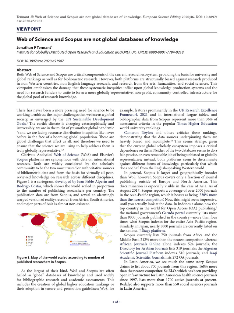 Tennent 2020 - Web of Science and Scopus Are Not Global Databases of Knowledge | PDF | Science ...