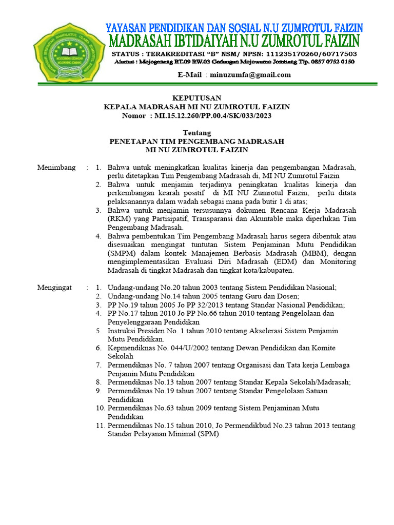 SK Tim Pengembang Madrasah 2023 | PDF