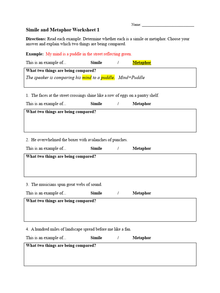 Simile and Metaphor Worksheet 01 | PDF | Metaphor
