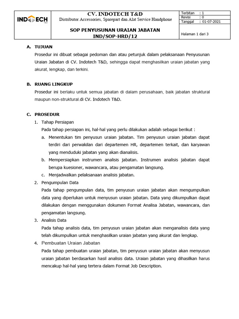1.5 HRD-12 Sop Penyusunan Uraian Jabatan | PDF