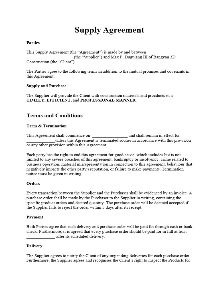 Supply Agreement | Download Free PDF | Receipt | Private Law
