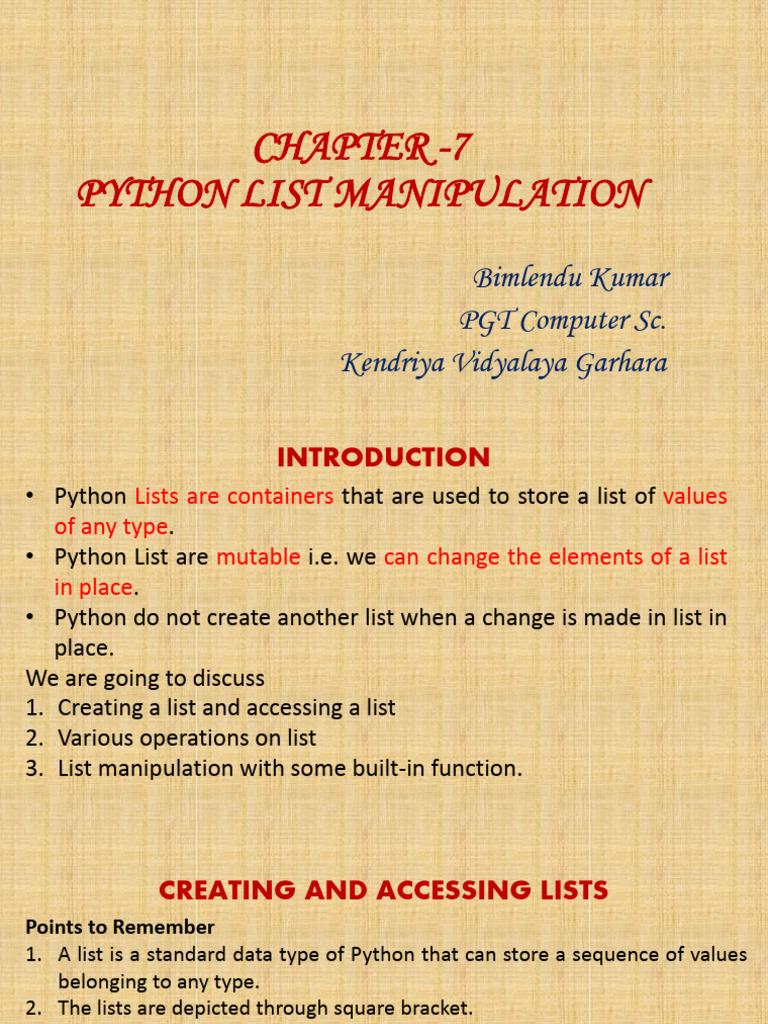 Chapter 7 Python List Manipulations 0 Pdf String Computer Science Data Type