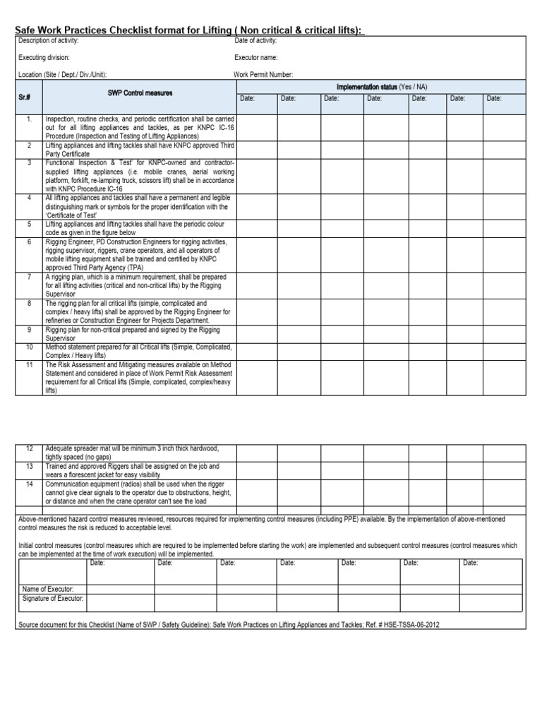 SWP CHECKLISTS - Non Critical Critical Lift | PDF | Occupational Safety And Health | Safety