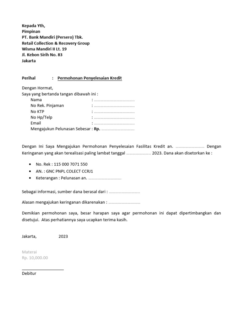 Form Surat Permohonan Debitur | PDF