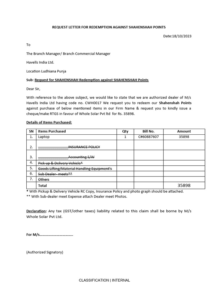 REQUEST LETTER FOR REDEMPTION AGAINST SHAHENSHAH POINTS | PDF