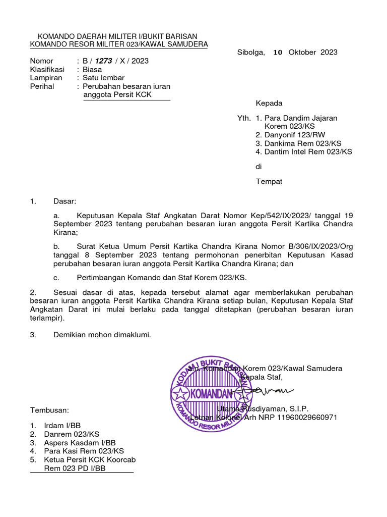 Surat B Perubahan Iuran Persit KCK - Copy | PDF