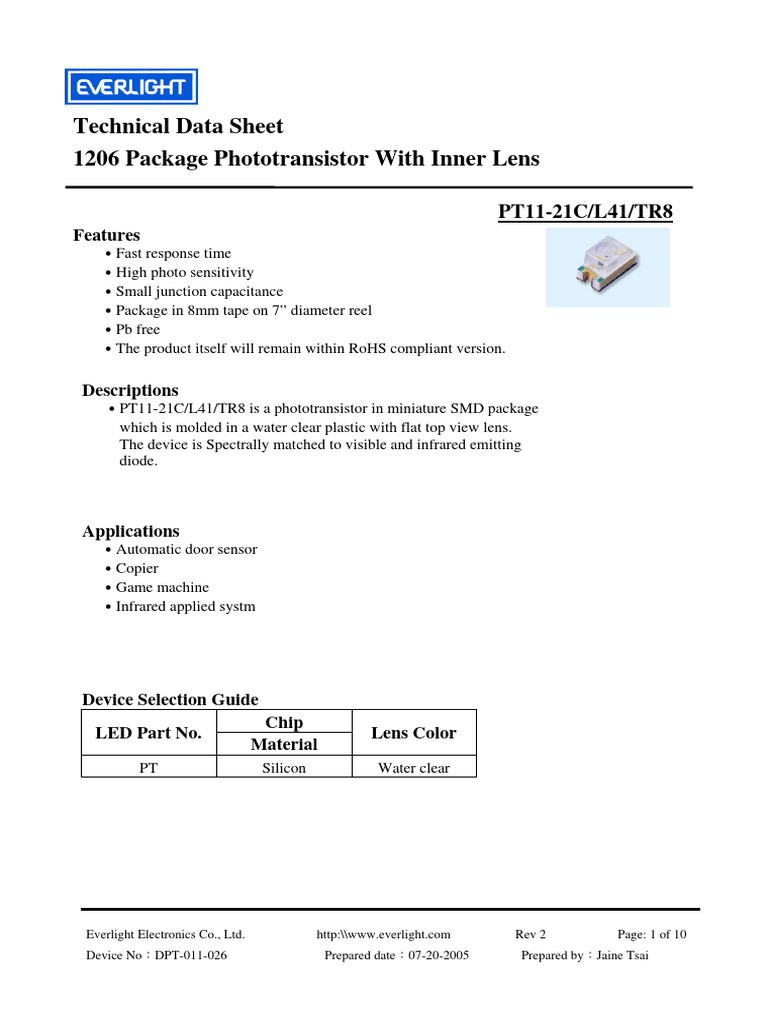 Technical Data Sheet 1206 Package Phototransistor With Inner Lens | PDF ...