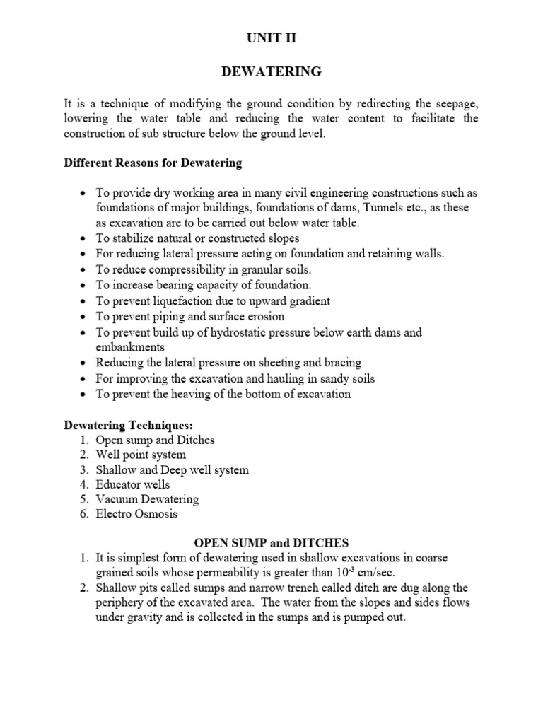 Unit II Dewatering | PDF | Drainage | Anode